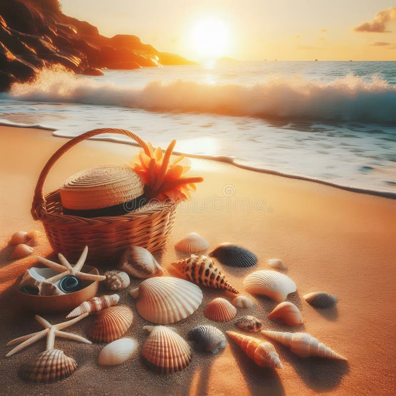A Beach Scene during Sunset with a Collection of Seashells on the Sand ...