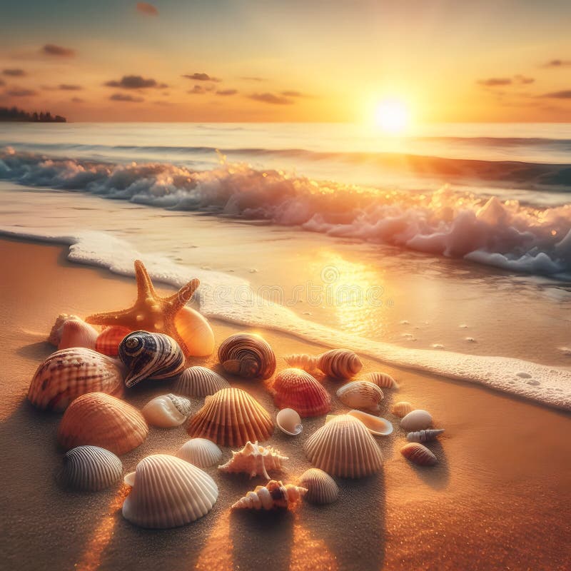 A Beach Scene during Sunset with a Collection of Seashells on the Sand ...