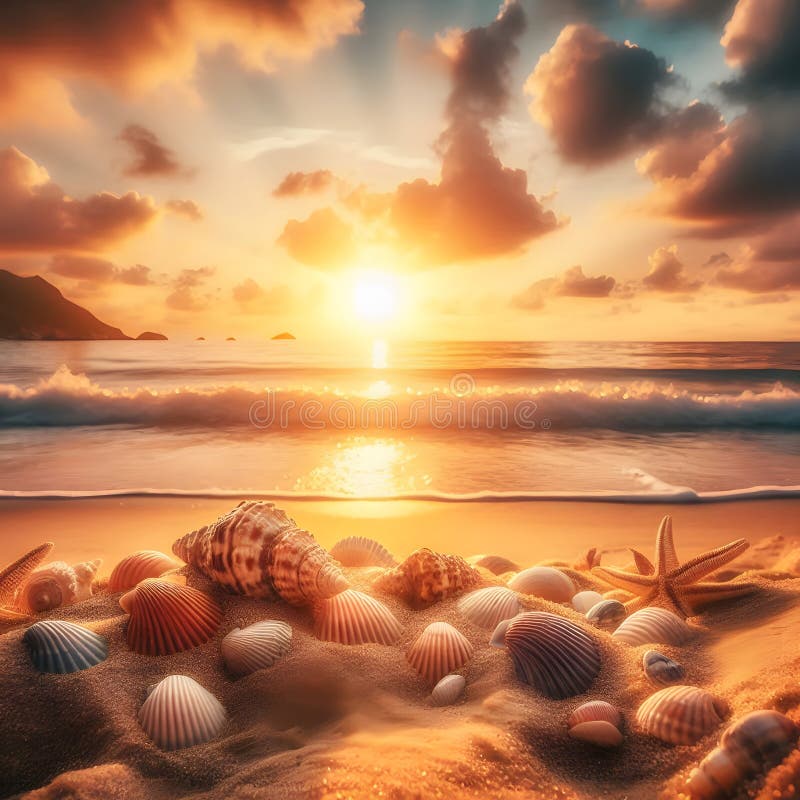 A Beach Scene during Sunset with a Collection of Seashells on the Sand ...