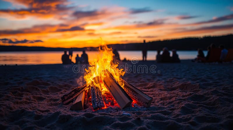 A Bonfire on the Beach with People Sitting Around it at Sunset Stock ...