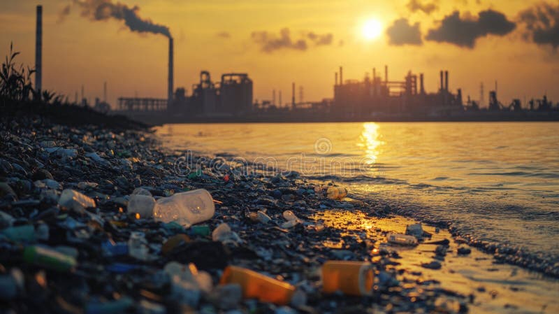 A Beach Scene at Sunset with Trash on the Shore, Ideal for Use in ...