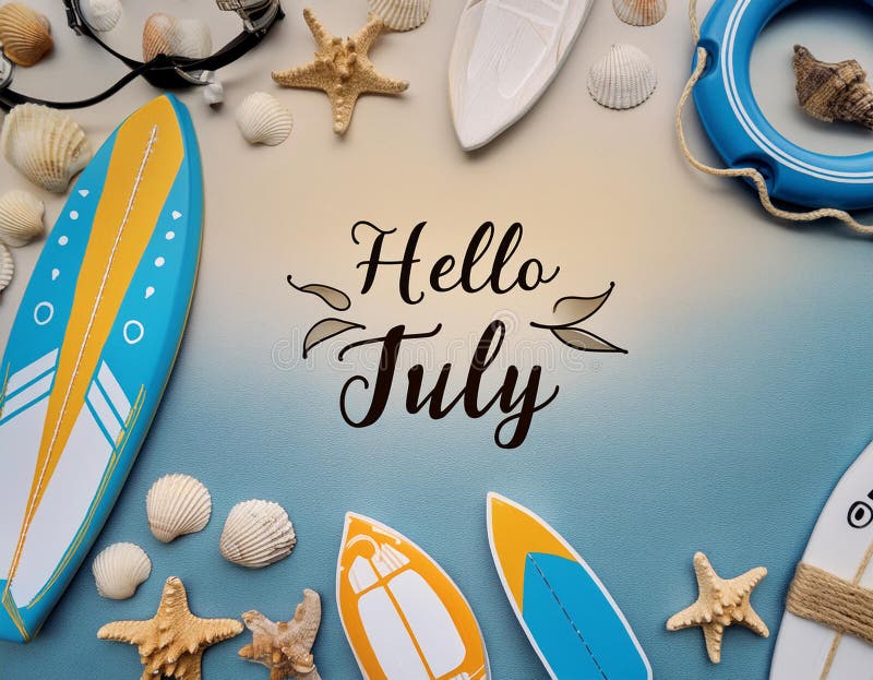 A Beach Scene with Surfboards, Seashells and Hello July Stock ...