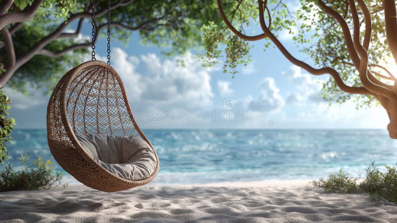 A Beach Scene with a Swing Hanging Over the Water Stock Illustration ...