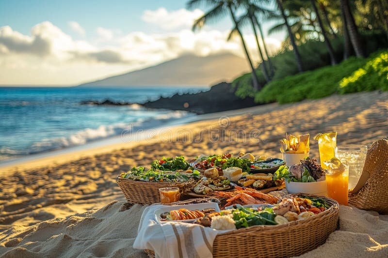 A Beach Scene with a Table Full of Food and Drinks Picture Stock Photo ...