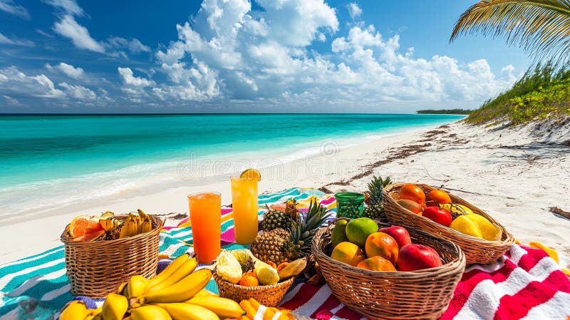 A Beach Scene with a Table Full of Fruit and Drinks. Quality Stock ...