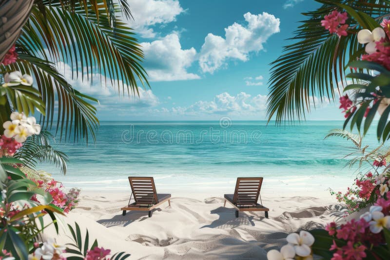 A Beach Scene with Two Lounge Chairs on the Sand, One Facing the Ocean ...