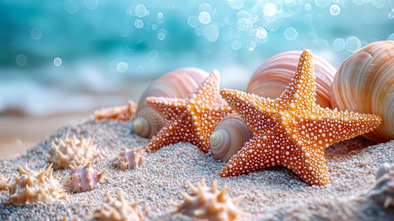 Beach Scene with Two Orange Stars and a Bunch of Shells Stock Image ...