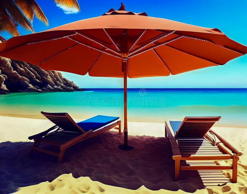 Beach Scene with a Beach Umbrella and a Beach. Vacation Stock ...