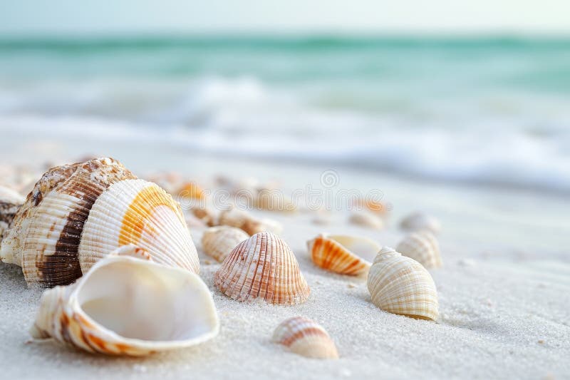 Beach Scene with Various Seashells on the Sand Near the Water Stock ...