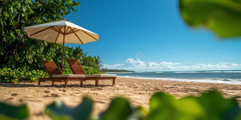 A Beach Scene with a White Umbrella and Two Lounge Chairs Stock ...
