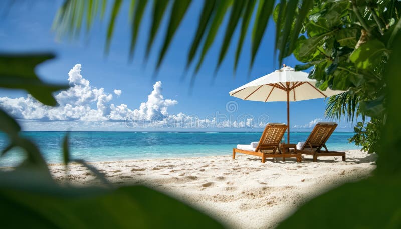 A Beach Scene with a White Umbrella and Two Lounge Chairs Stock ...