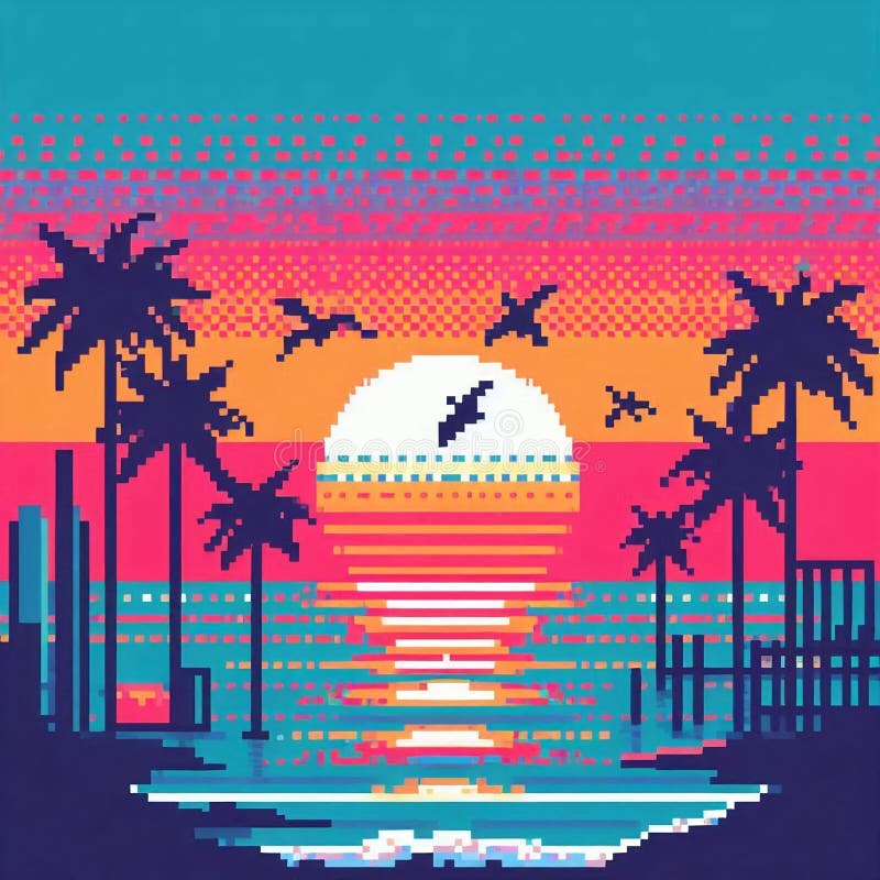 Beach Scenery Illustration Design with Sunset, Pixel Art Stock Illustration - Illustration of ...