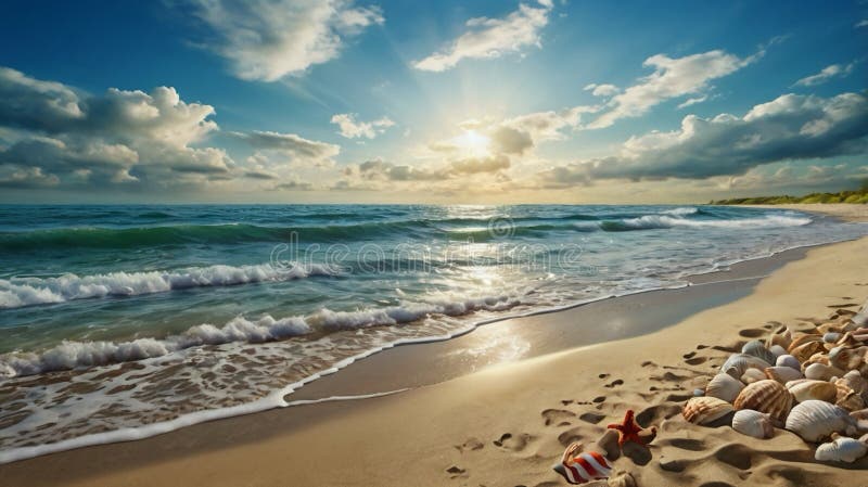 Sea Shells Wallpaper, Isolated, on Light Azure Color . Stock ...