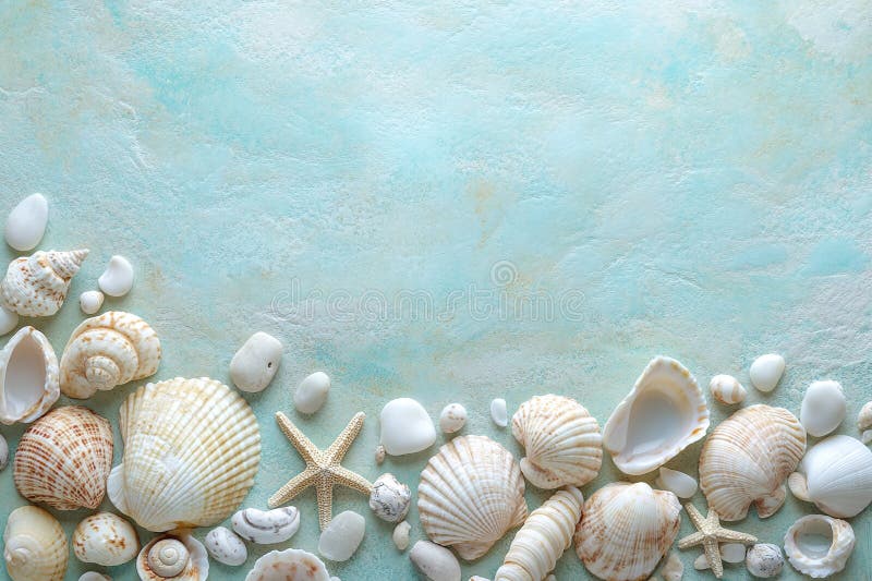 Beach Seashells and Starfish on Clean Background with Copy Space for ...