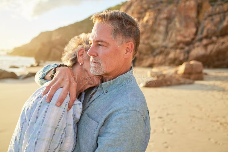 Beach Senior Couple And Hug Of Mature People With Love And Marriage By