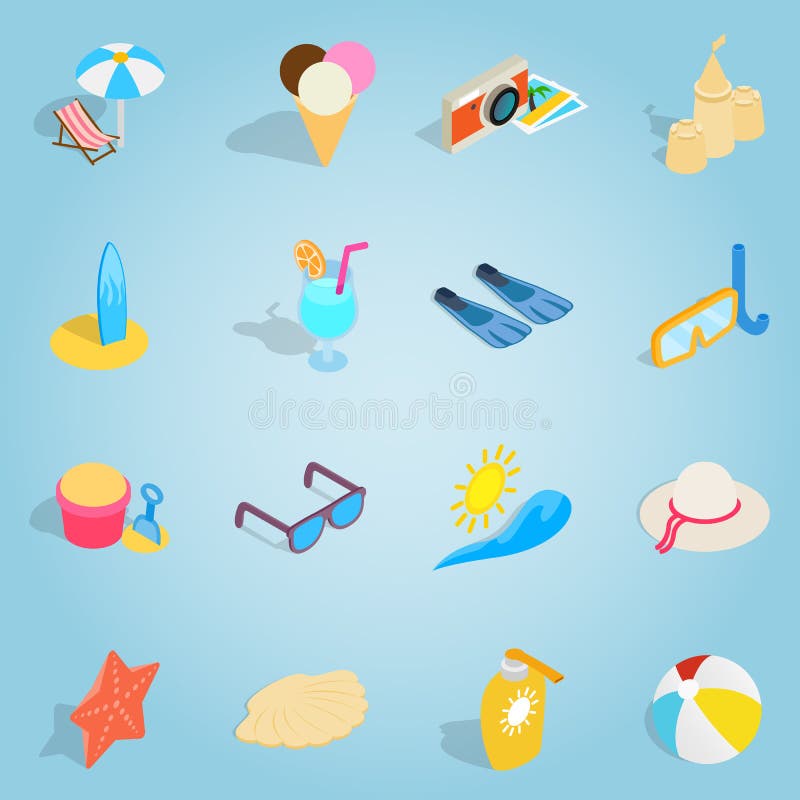 Beach Set Icons, Isometric 3d Style Stock Vector - Illustration of ...