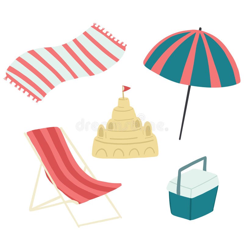 Beach Set Summer Hand Drawn Illustration with Umbrella Stock Vector ...