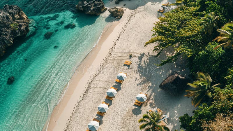 Beach Setting Features Sun Loungers and Clear Water Stock Illustration ...