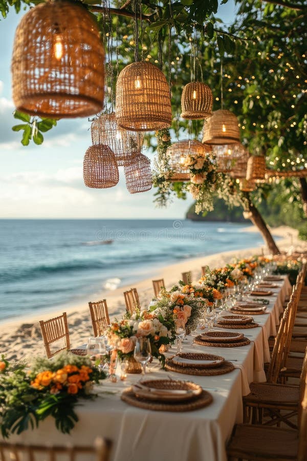 A Beach Setting with a Long Table with Many Chairs and a Variety of ...