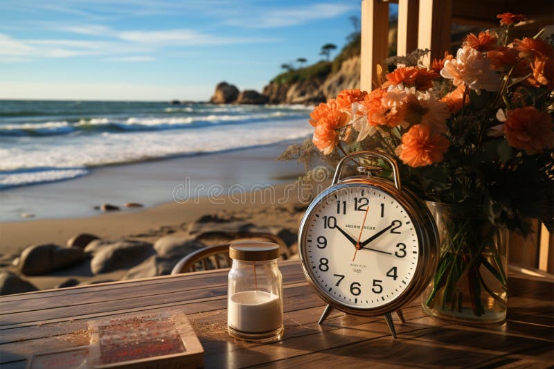 Beach Setting with Pixelated Clock Overlay Conveys Time Management ...