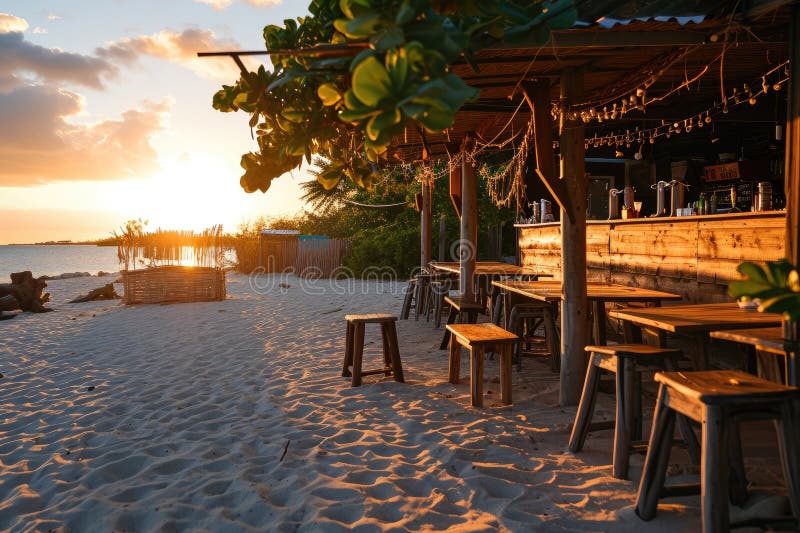 A Beach Shack Bar at Sunset, with a Few Tables on the Sand, Ai ...