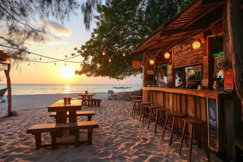 A Beach Shack Bar at Sunset, with a Few Tables on the Sand, Ai ...