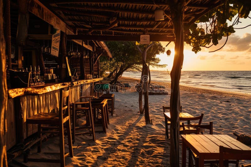 A Beach Shack Bar at Sunset, with a Few Tables on the Sand, Ai ...