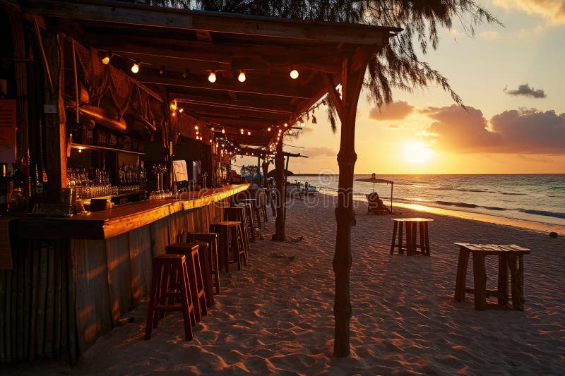 A Beach Shack Bar at Sunset, with a Few Tables on the Sand, Ai ...