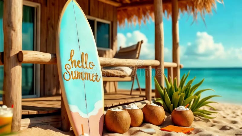 Beach Shack Paradise: Summer Vibes with Surfboard and Tropical Coconuts ...