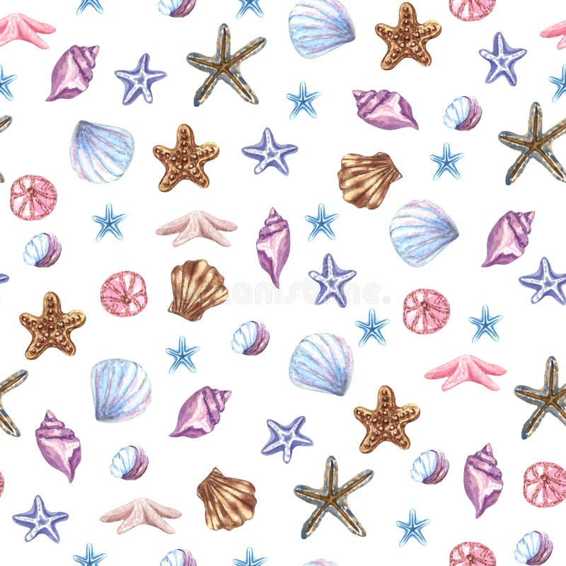 Beach Shells Seamless Pattern Watercolor Pattern with Different ...