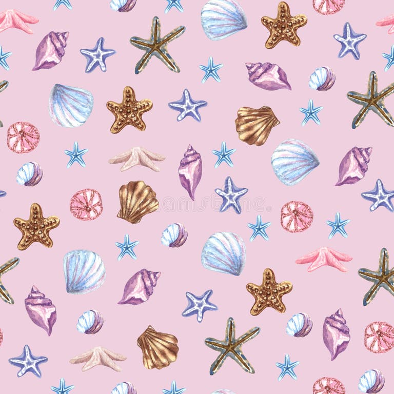 Beach Shells Seamless Pattern Watercolor Pattern with Different ...