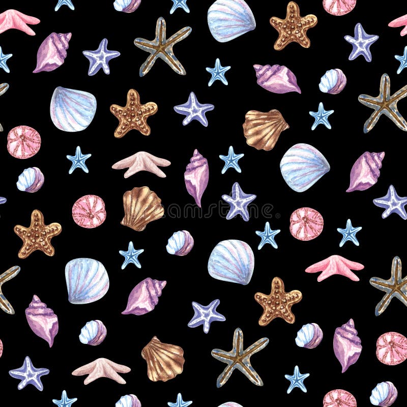 Beach Shells Seamless Pattern Watercolor Pattern with Different ...
