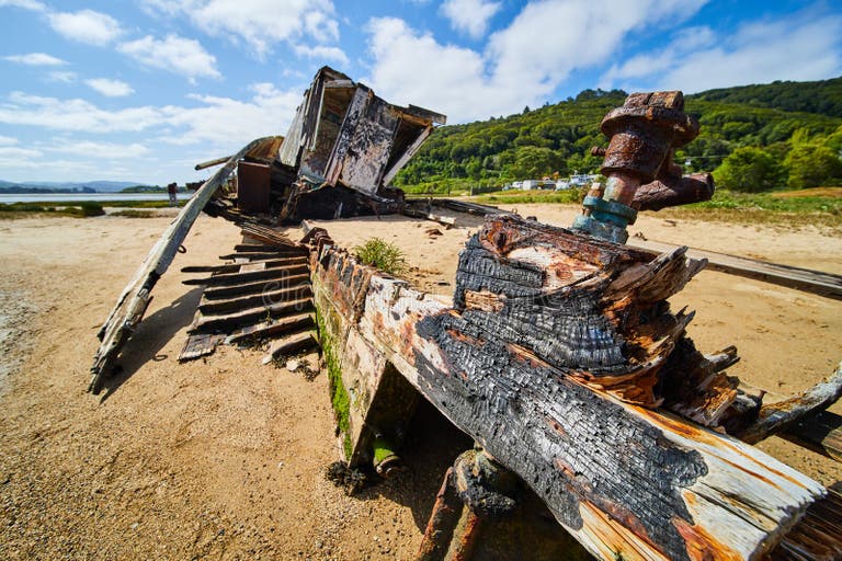 Beach Shipwreck Falling Apart after Fire on Beach Stock Image - Image ...