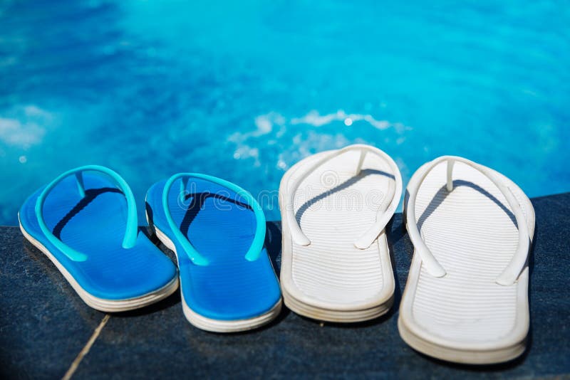 Beach Slippers on Border of Swimming Pool Stock Image - Image of sport ...
