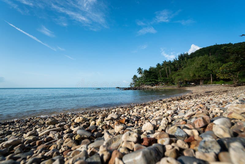 Beach with a Small Rocks with a Palm Trees on a Horizon. Stock Image ...