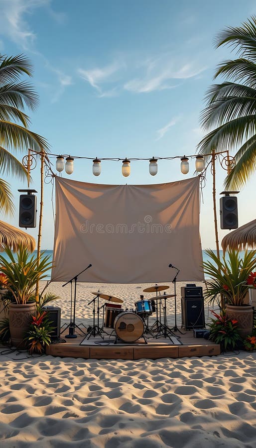 Beach Stage Setup with Drums and Lights in Tropical Paradise Stock ...