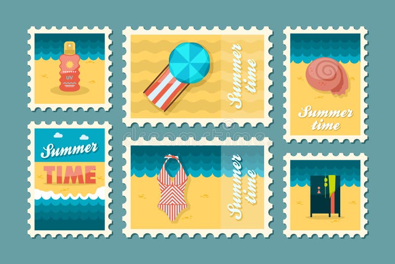 Beach Stamp Set. Summer. Vacation Stock Illustration - Illustration of ...