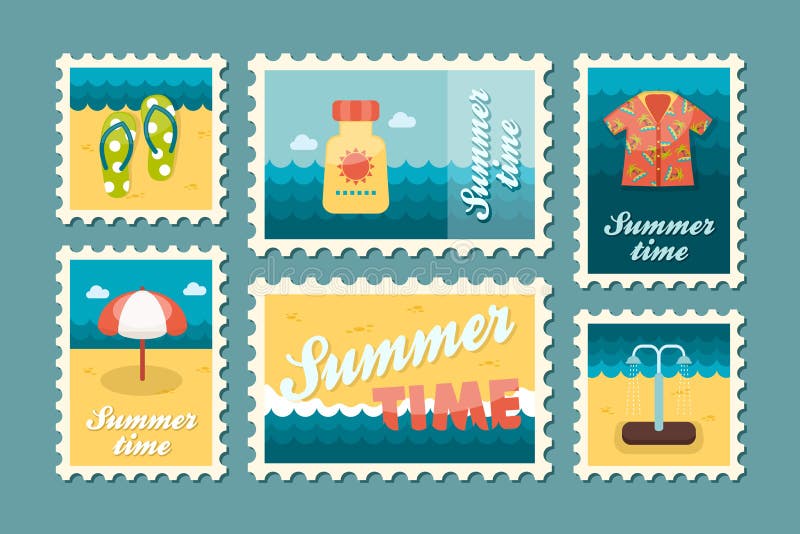 Beach Stamp Set. Summer. Vacation Stock Illustration - Illustration of ...