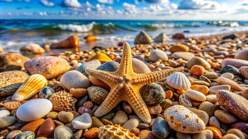 Beach Starfish with Smooth Stones and Shells Stock Illustration ...
