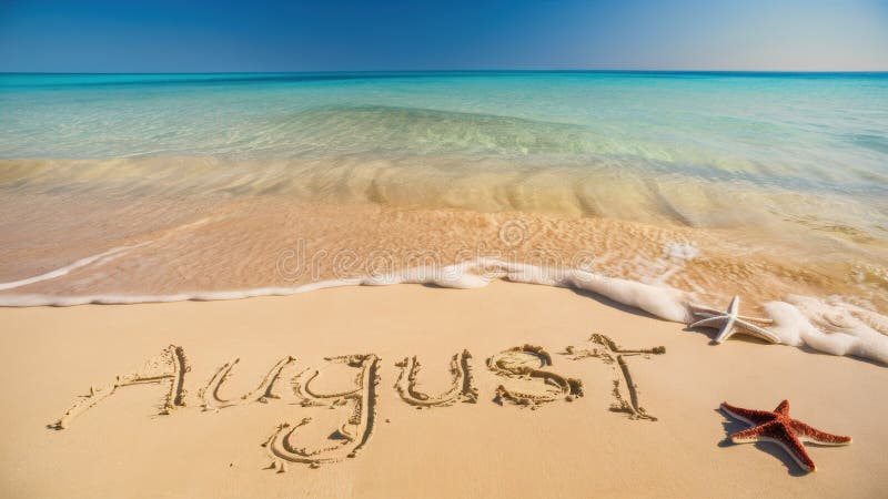 A Beach with a Starfish and the Word August Written in Sand, AI Stock Photo - Image of resort ...