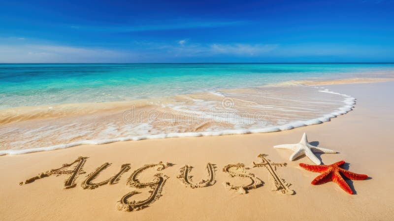 A Beach with a Starfish and the Word August Written in Sand, AI Stock ...