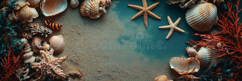 Beach Still Life with Seashells, Starfish, and Coastal Plants Stock ...