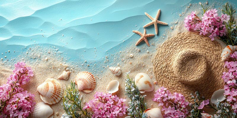 Beach Still Life with Seashells, Starfish, and Coastal Plants Stock ...