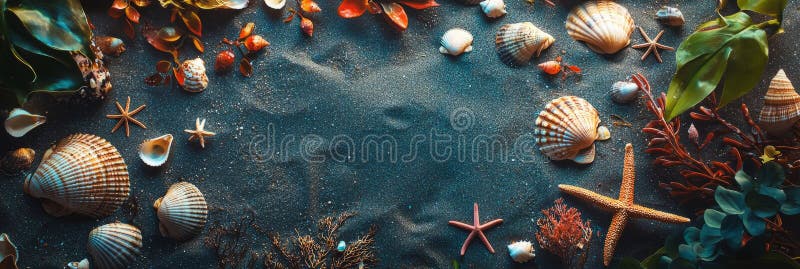 Beach Still Life with Seashells, Starfish, and Coastal Plants Stock ...