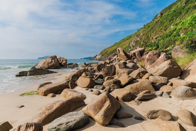 Beach with Stones and Mountain in Brazil, Florianopolis Stock Image ...