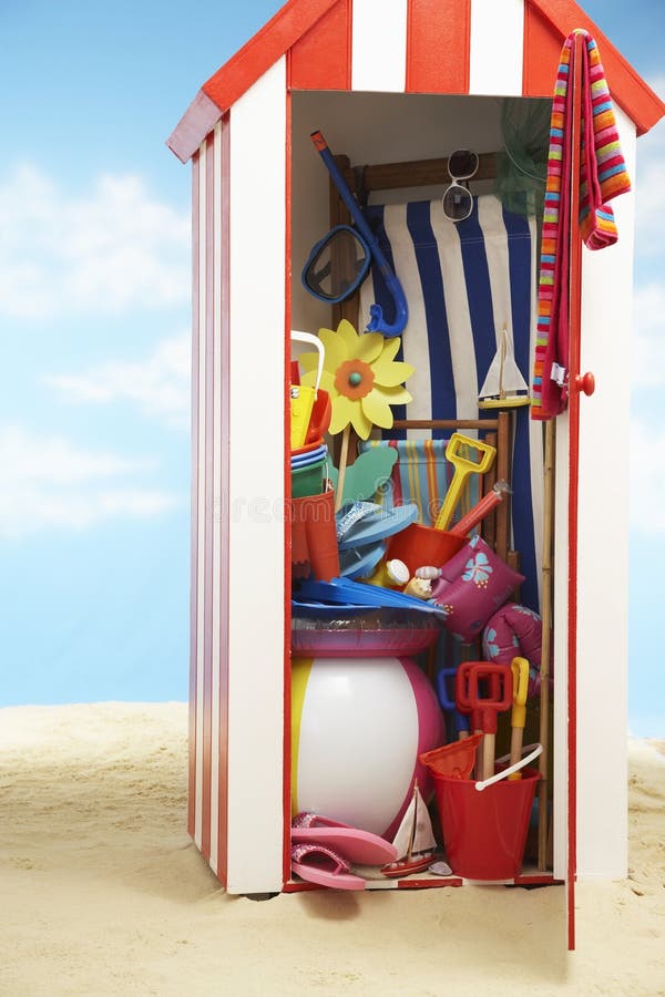 Beach Storage Cabin with Beach Toys Stock Image - Image of ball, shovel ...