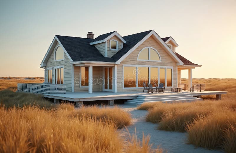 Beach Style House with Dune Grass Around. Classic Cape Cod Architecture ...