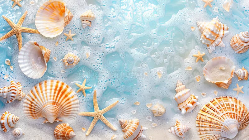 Beach Summer Background with Seashells and Blue Water Stock ...
