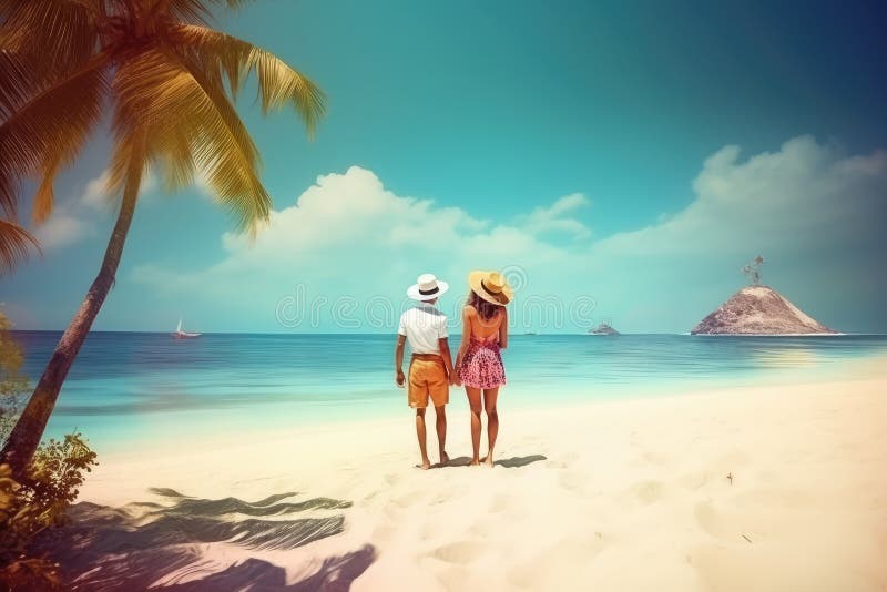 Beach Summer Couple On Island Vacation Holiday Ai Generated Stock