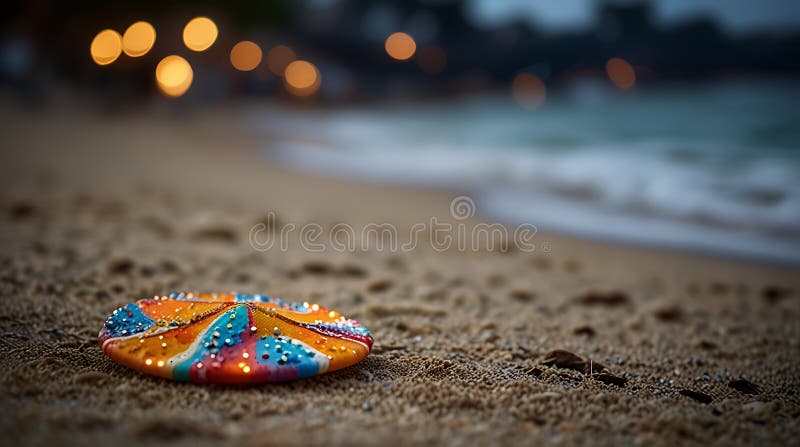 A Colorful Disc Lying on a Sandy Beach with Lights in the Background ...